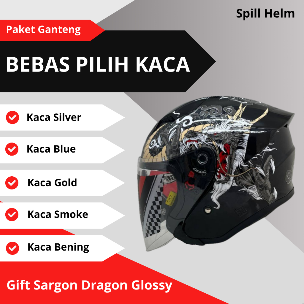 Jual GIFT SARGON HELM HALF FACE MOTIF DRAGON GLOSSY SNI BEBAS PILIH ...