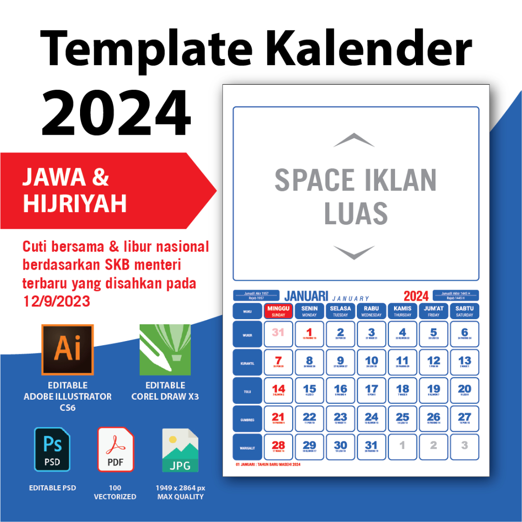 Jual Template Kalender 2024 Jawa & Hijriyah CDR AI PDF JPG PSD | Shopee ...