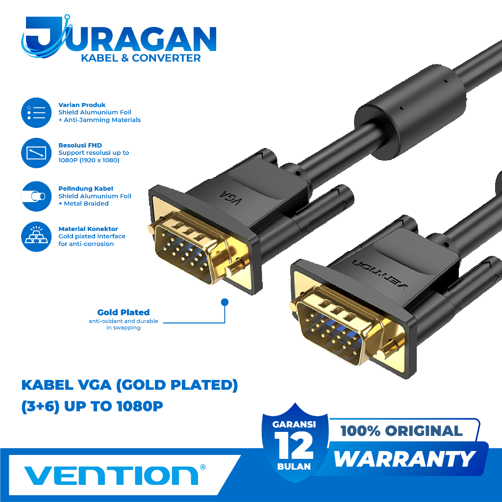 Jual Vention Kabel VGA Male to Male Gold Plated 3M With Ferrite Core ...