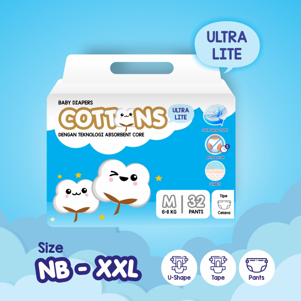 Jual Cottons Baby Diapers - Ultra Lite Popok Bayi NB/S/M/L/XL/XXL Popok ...