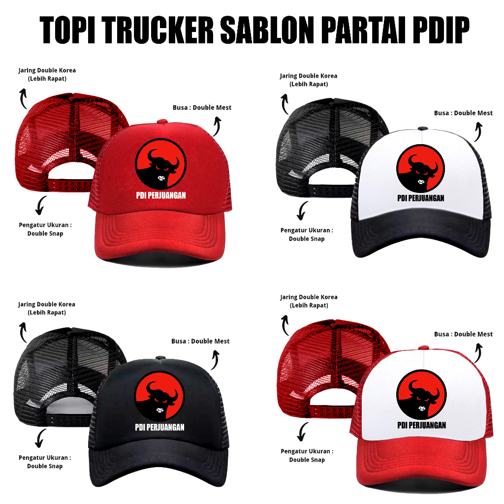 Jual Topi Trucker Sablon Logo Partai PDIP PDI Perjuangan Topi Jaring ...