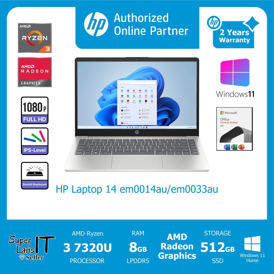 Jual Laptop HP 14 em0014AU AMD Ryzen 3 7320U ram 8GB 512GB 14" FHD W11 ...