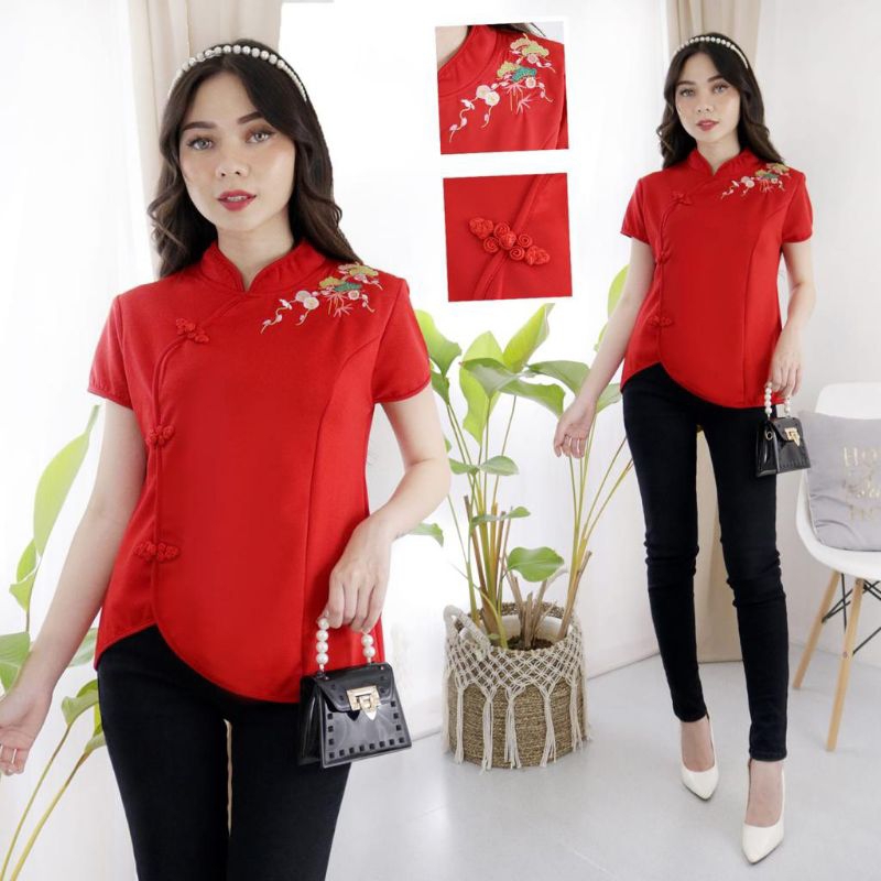 Jual BLOUSE MERAH~ IMLEK~ KERAH SHANGHAI~ VARIASI BORDIR BUNGA SAKURA ...