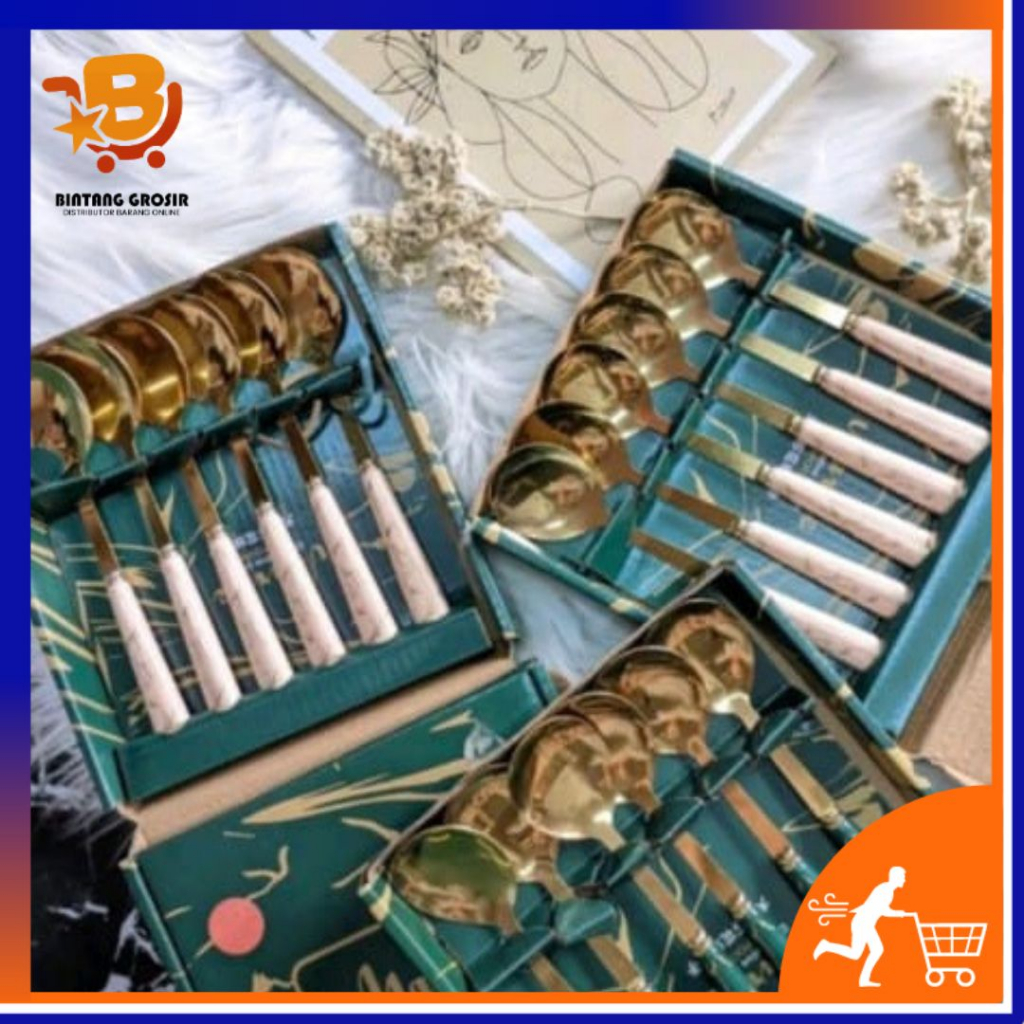 Jual BOX ISI 6 - SENDOK MAKAN SULTAN MARBEL GOLD MEWAH GIFT SET SPOON ...