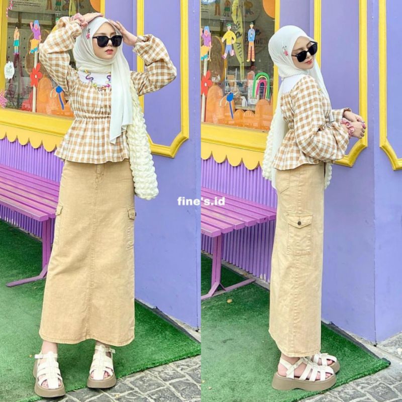 Jual COD Rok Cargo jeans cream Highwaist wanita | Shopee Indonesia