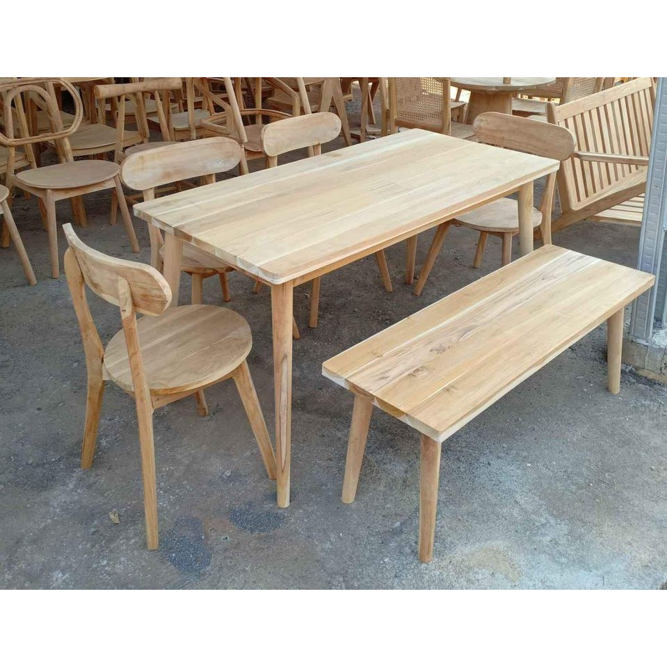 Jual Meja makan cafe resto 4 kursi 1 bangku panjang kayu jati | Shopee ...