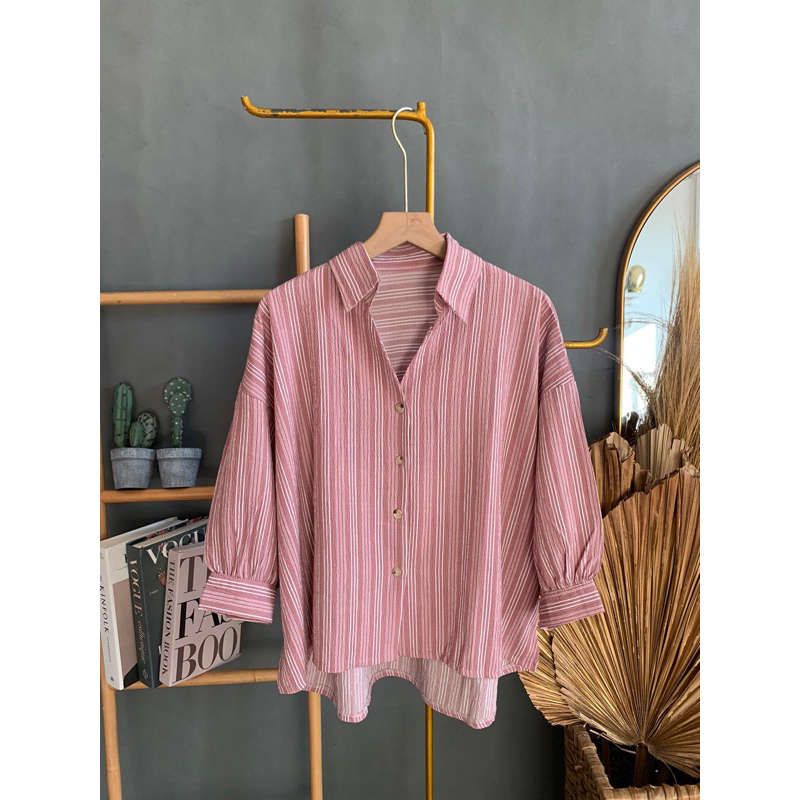 Jual Dhea Stripe Shirt Blouse (kemeja crinkle kancing premium pastel ...