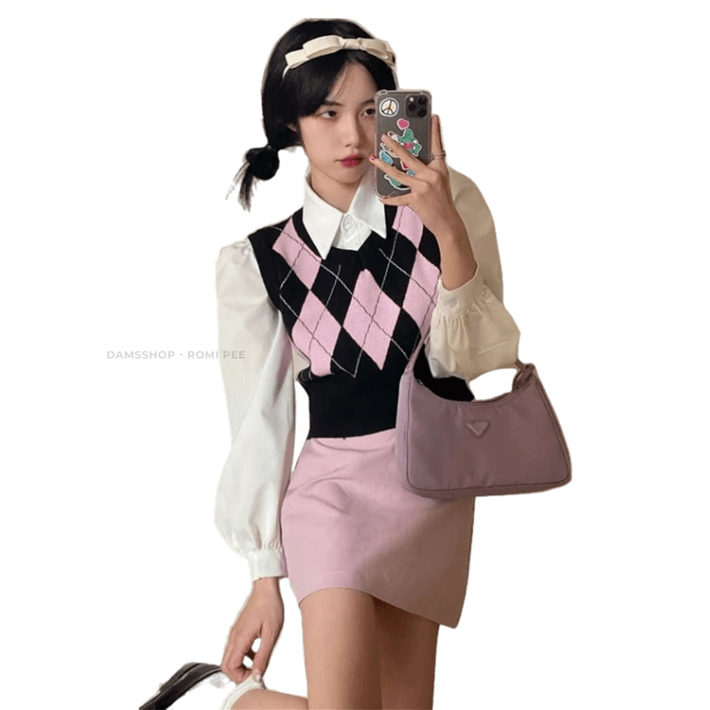 Jual Tempat Rajut Komputer Sweater Vest Rajut Crop Wanita Kotak Silang ...