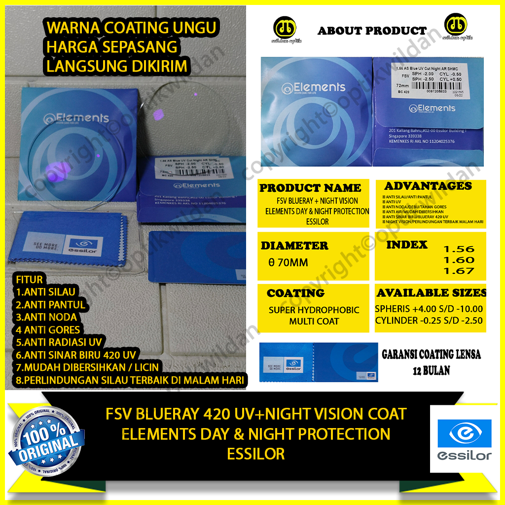 Jual ELEMENTS ESSILOR LENSA BLUERAY NIGHT VISION FSV 1.56/1.6/1.67 UV ...