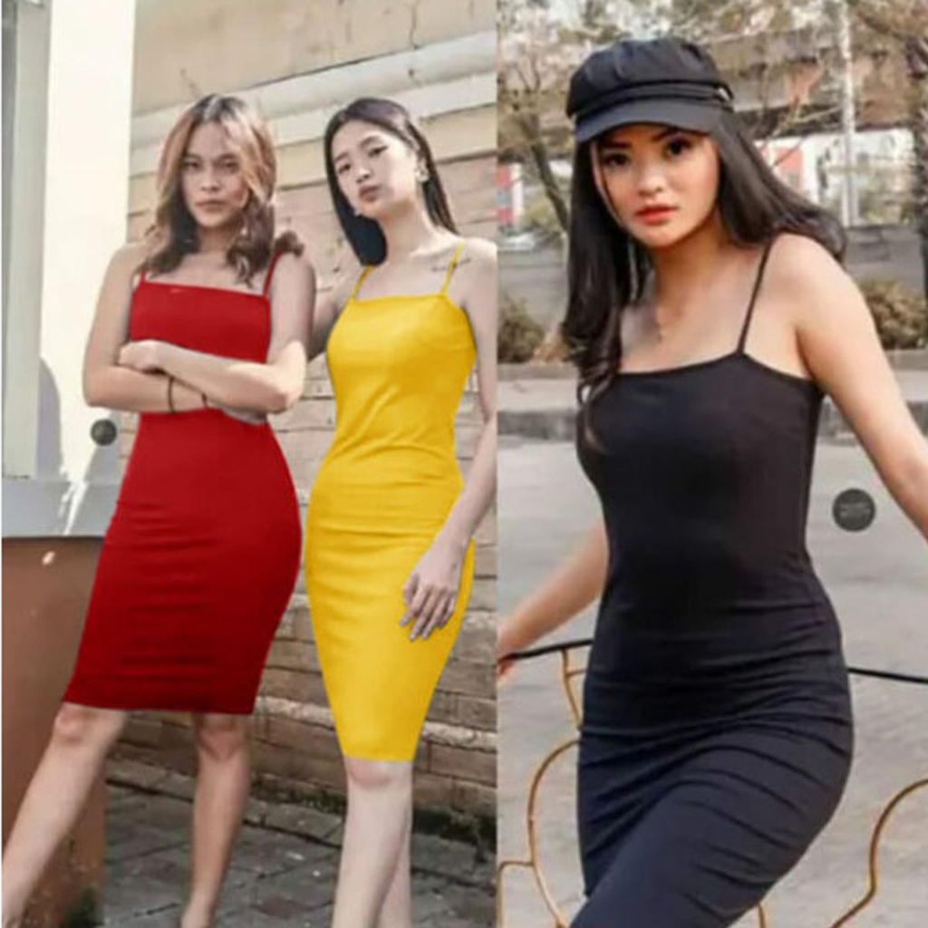 Jual 17470 Dress hana Midi Dress Hitam Kuning Merah | Korean Midi Dress ...