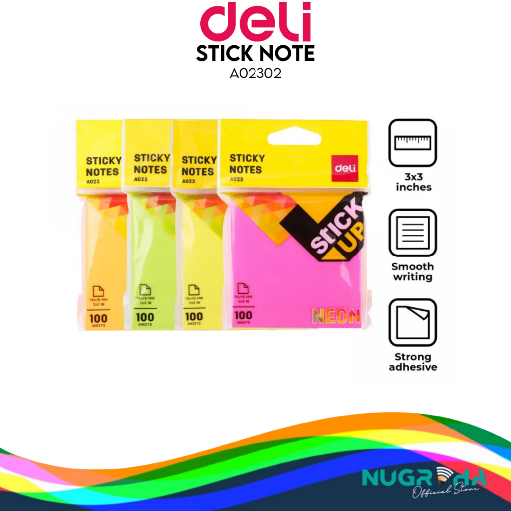 Jual DELI STICK STICKY NOTE PAD NEON 76X76 A02302 | Shopee Indonesia