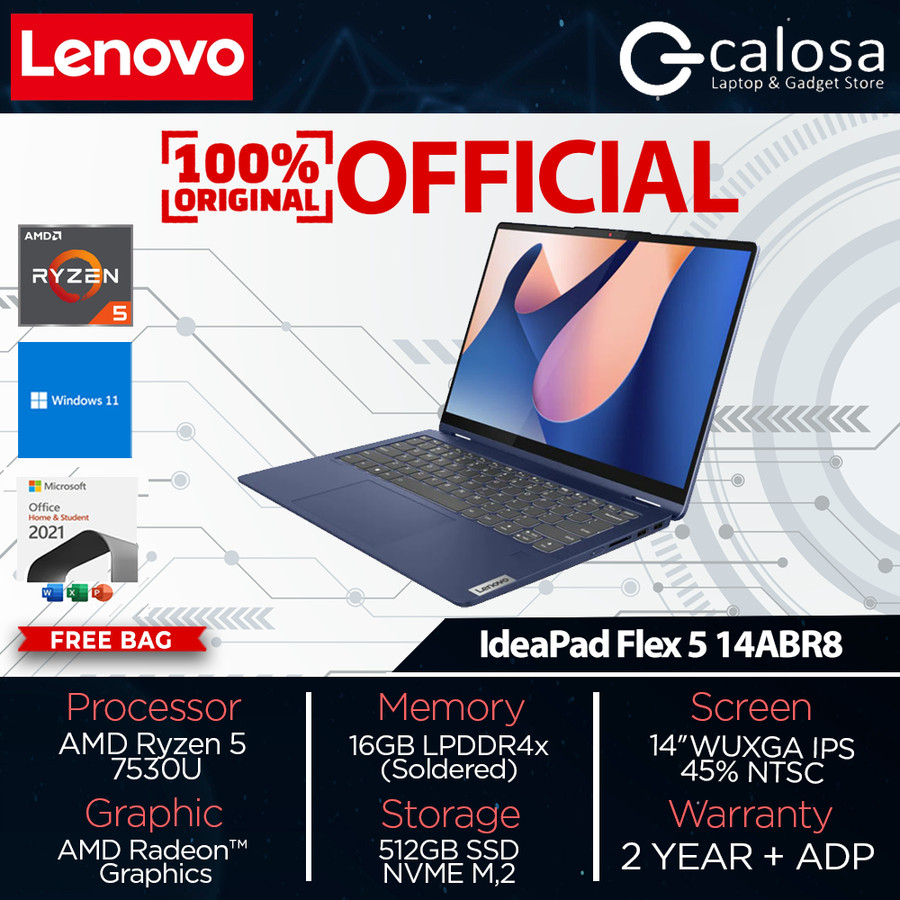 Jual LAPTOP LENOVO IdeaPad Flex 5 AMD Ryzen 5 7530U 14ABR8 14" WUXGA IPS Glossy TOUCH MEMORY RAM ...