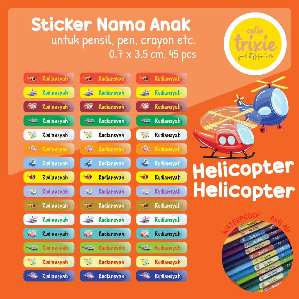Jual Sticker label nama anak untuk pensil pen crayon Helicopter ...