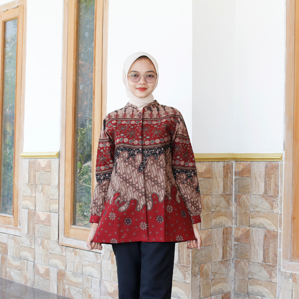 Jual KALISTA Maroon Blouse Atasan Baju Batik Wanita Kerja Kantor Modern ...
