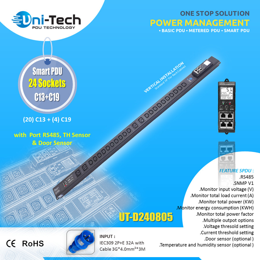 Jual Spdu Series Pdu Rack 24 Socket C13 C19 With Port Th Sensor Door Sensor Rs485 Input