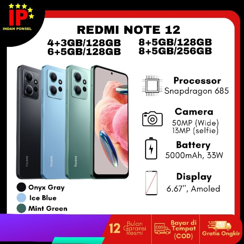 Jual XIAOMI REDMI NOTE 12 4G RAM 4/128 GB | 6/128 GB | 8/128 GB | 8/256 ...
