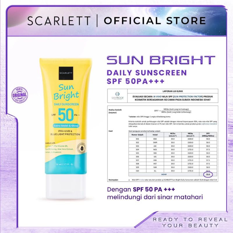 Jual Dijamin ORI!!! Scarlett Whitening Sunscreen Sun Bright Daily SPF 50 PA+++ Sunblock 50ml ...