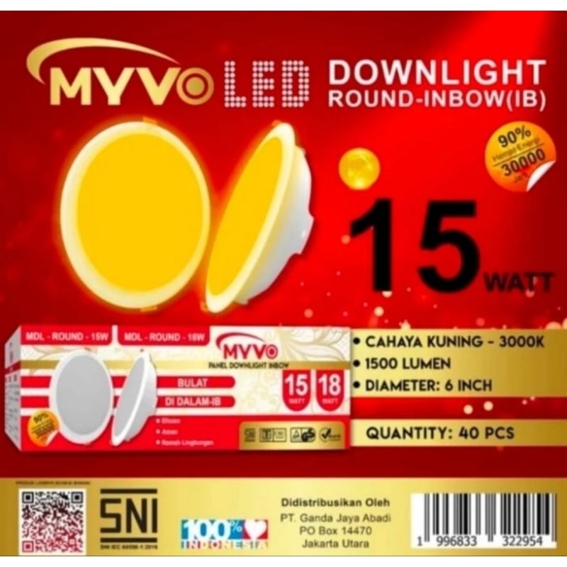 Jual Downlight Led 15 Watt Cahaya Kuning 3000K Myvo | Shopee Indonesia