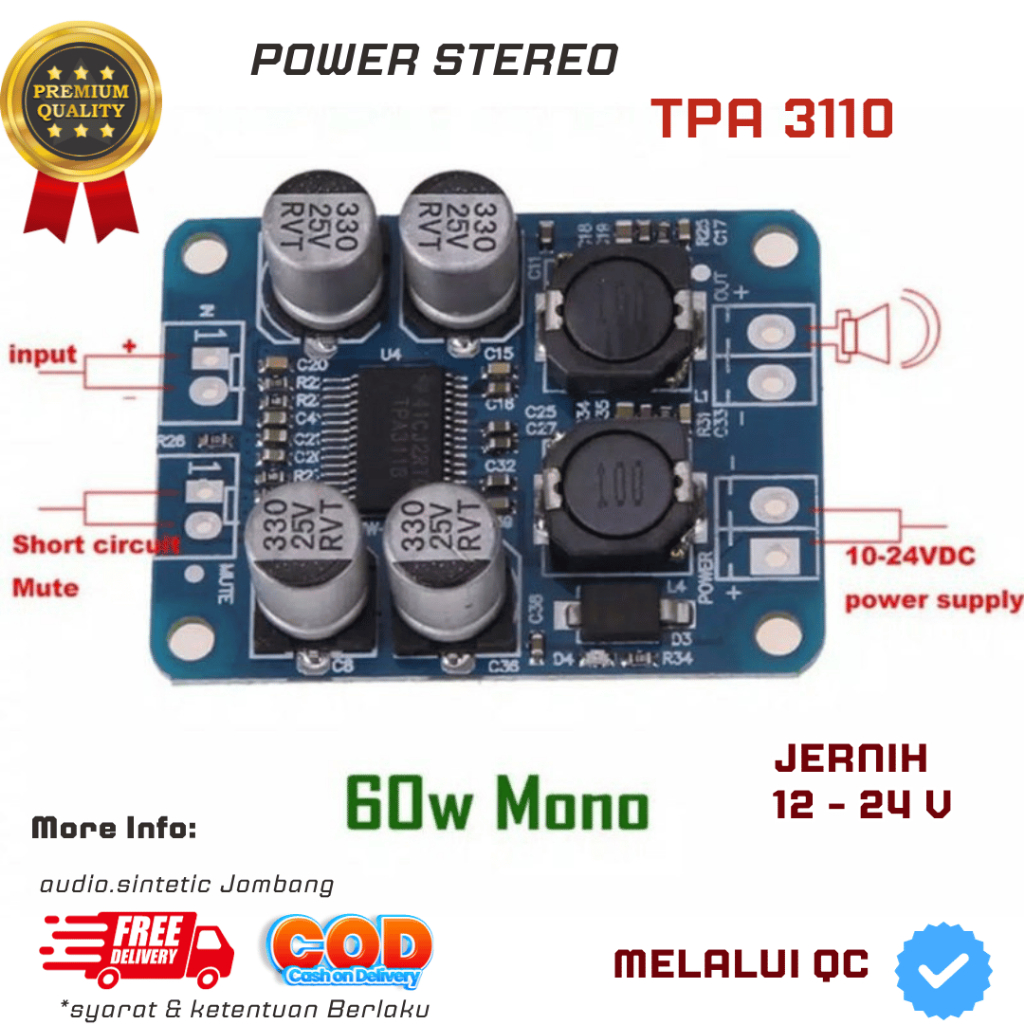 Jual POWER CLASS D TPA3118D2 60Watt Mono Digital Audio Power Amplifier ...