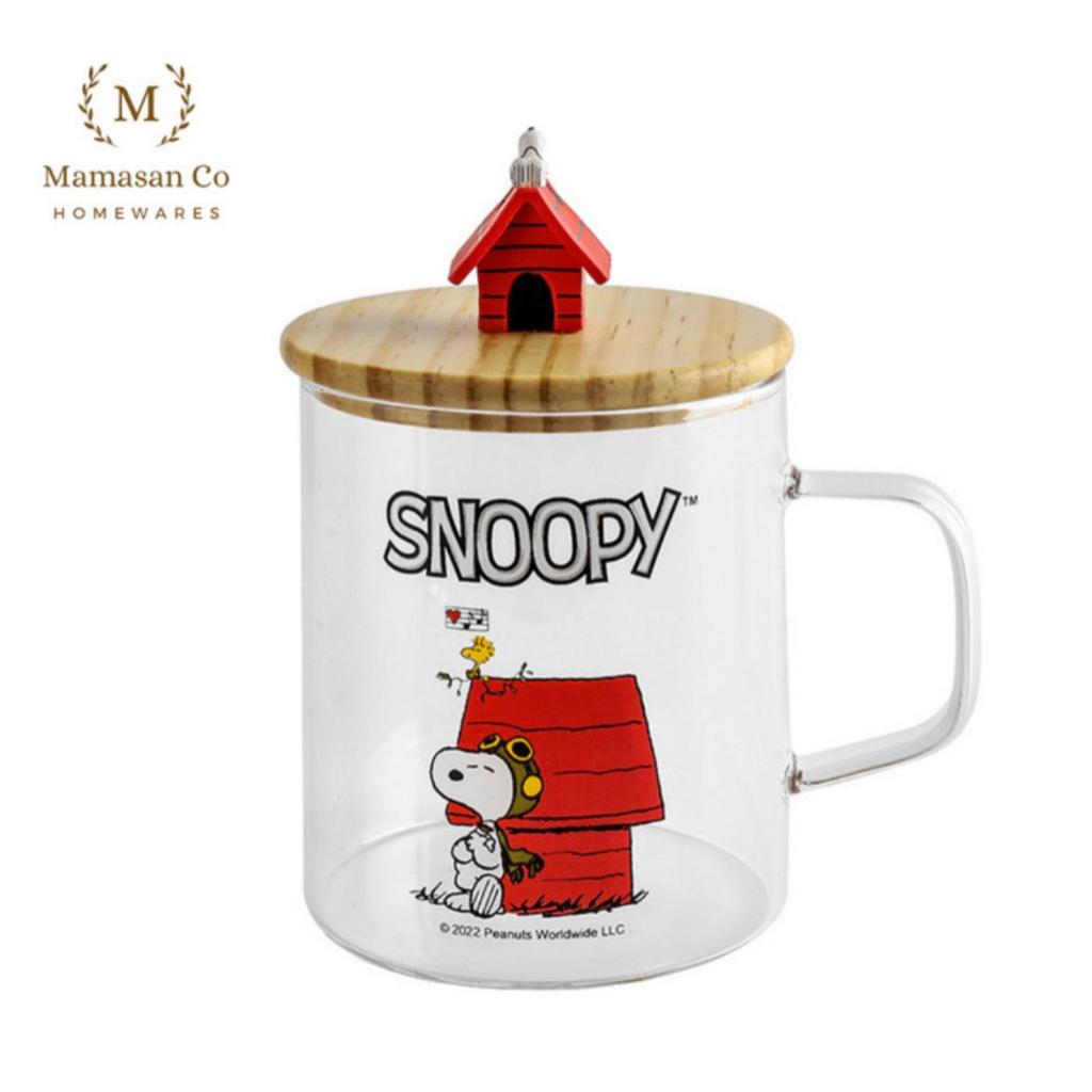 Jual Snoopy Glass Transparent Portable Cup with Wooden Lid | Gelas Kaca ...