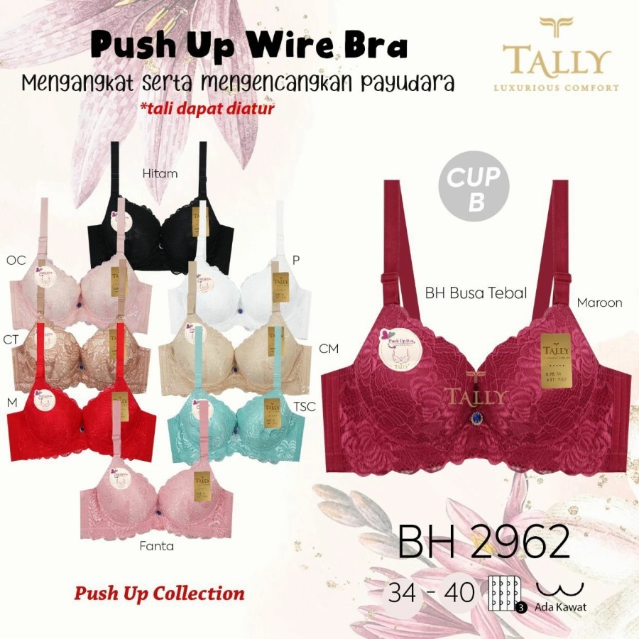 Jual Bra Tally PUSH UP Art 2962 bh busa tebal kawat renda cup B Kait 3 ...