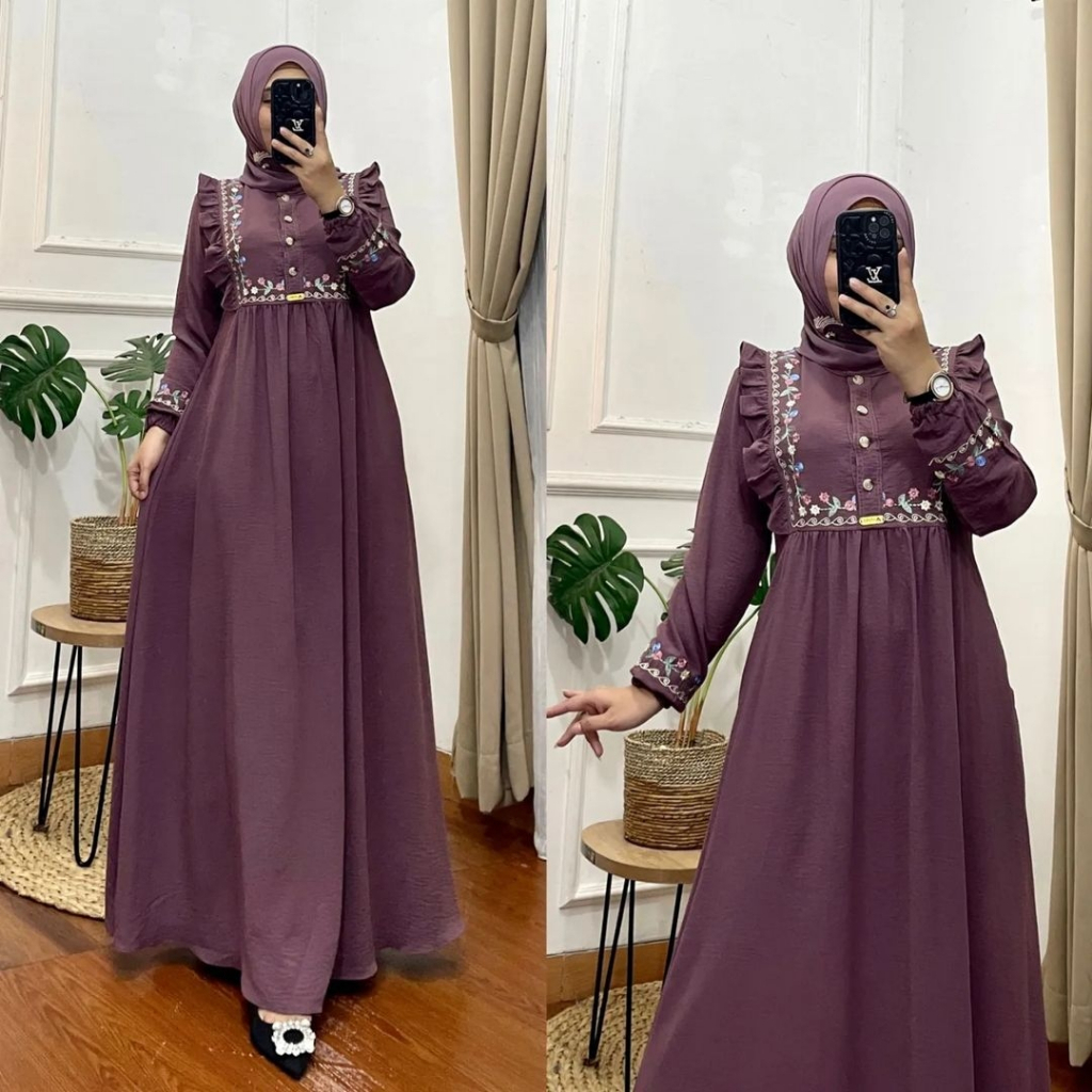 Jual Qirani Dress - Gamis Bordir Bunga Timbul Bahan Crinkel Airflow ...