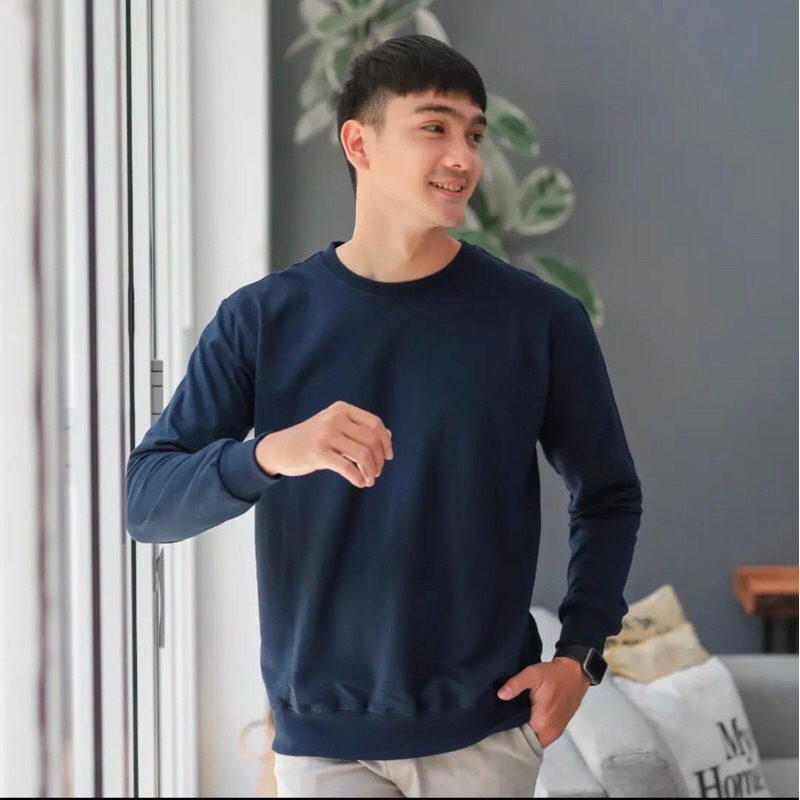 Jual ALJOSA Sweater Pria Crewneck Polos Navy Biru Dongker Lengan ...