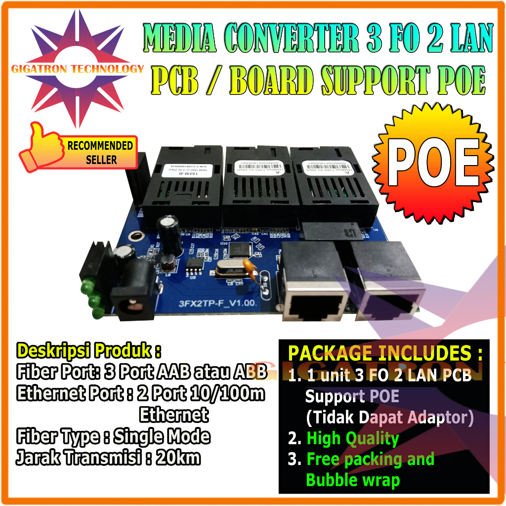 Jual Media Converter Fiber Optic 3 Port FO 2 Port LAN POE 10/100 PCBA Board Only / Switch Fiber ...