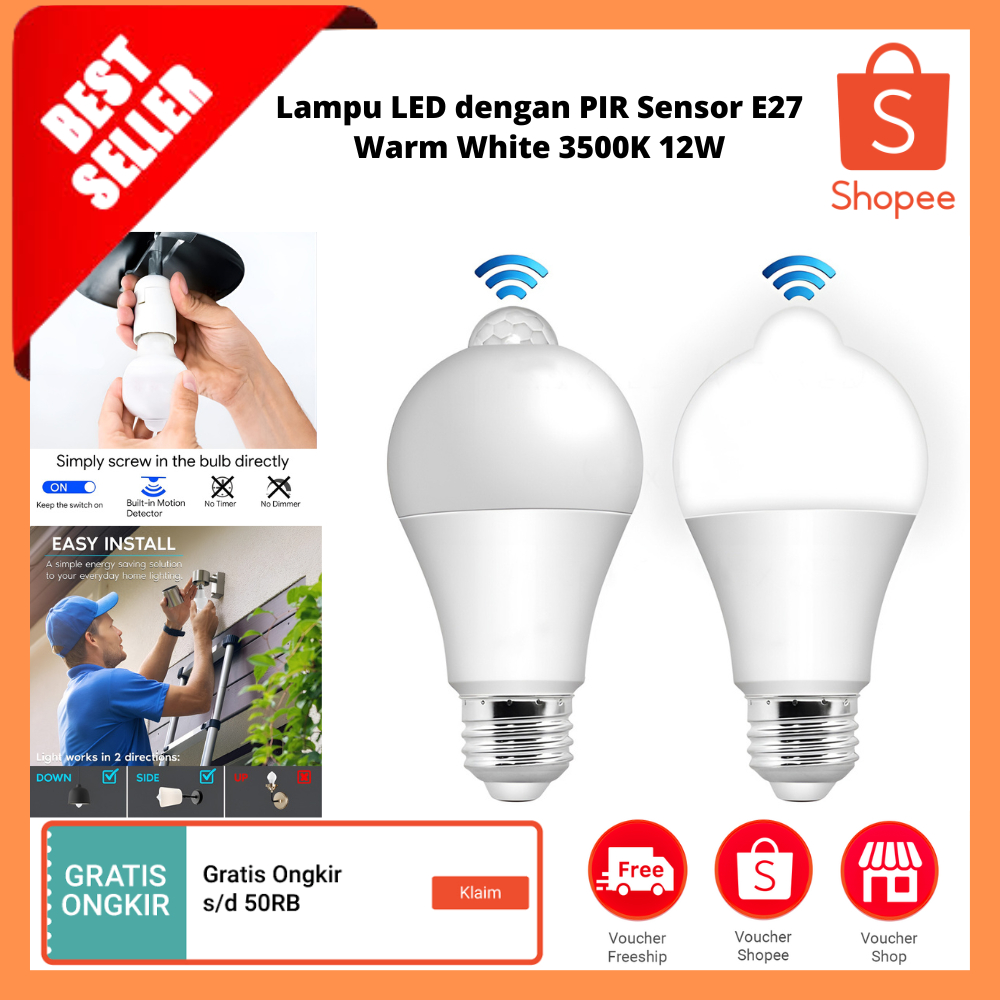 Jual Lampu LED dengan PIR Sensor E27 Warm White 3500K 12W / Lampu ...