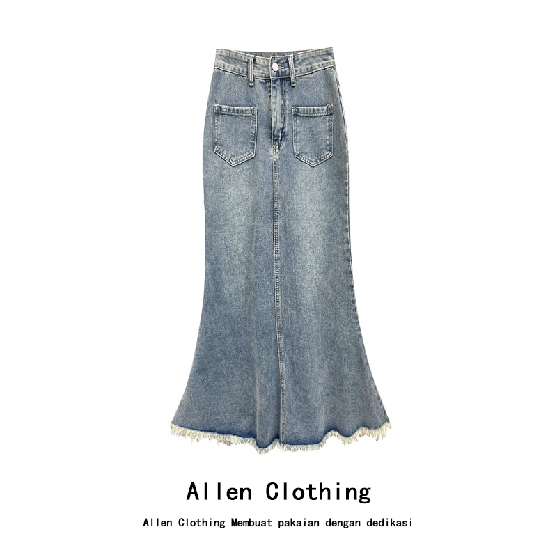 Jual Allen Clothing Rok Denim Tepi Mentah Biru Rok Panjang Menengah ...