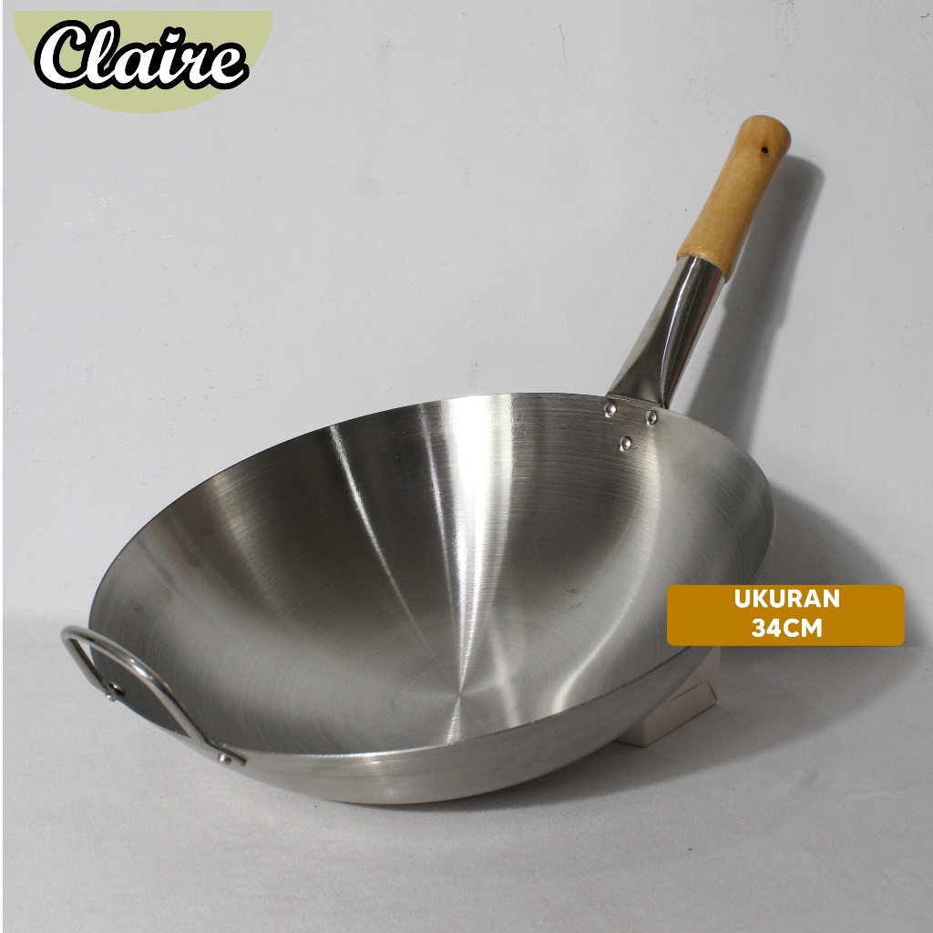 Jual Wajan Stainless Steel Gagang Kayu Anti Panas / Wajan Stainless Steel Gagang Kayu Anti ...