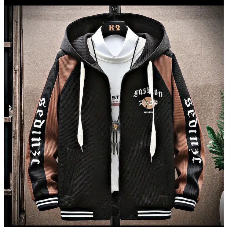 Jual (S - 6XL) Jaket Varsity Reglan Kombinasi Kupluk Hoodie Kombinasi ...