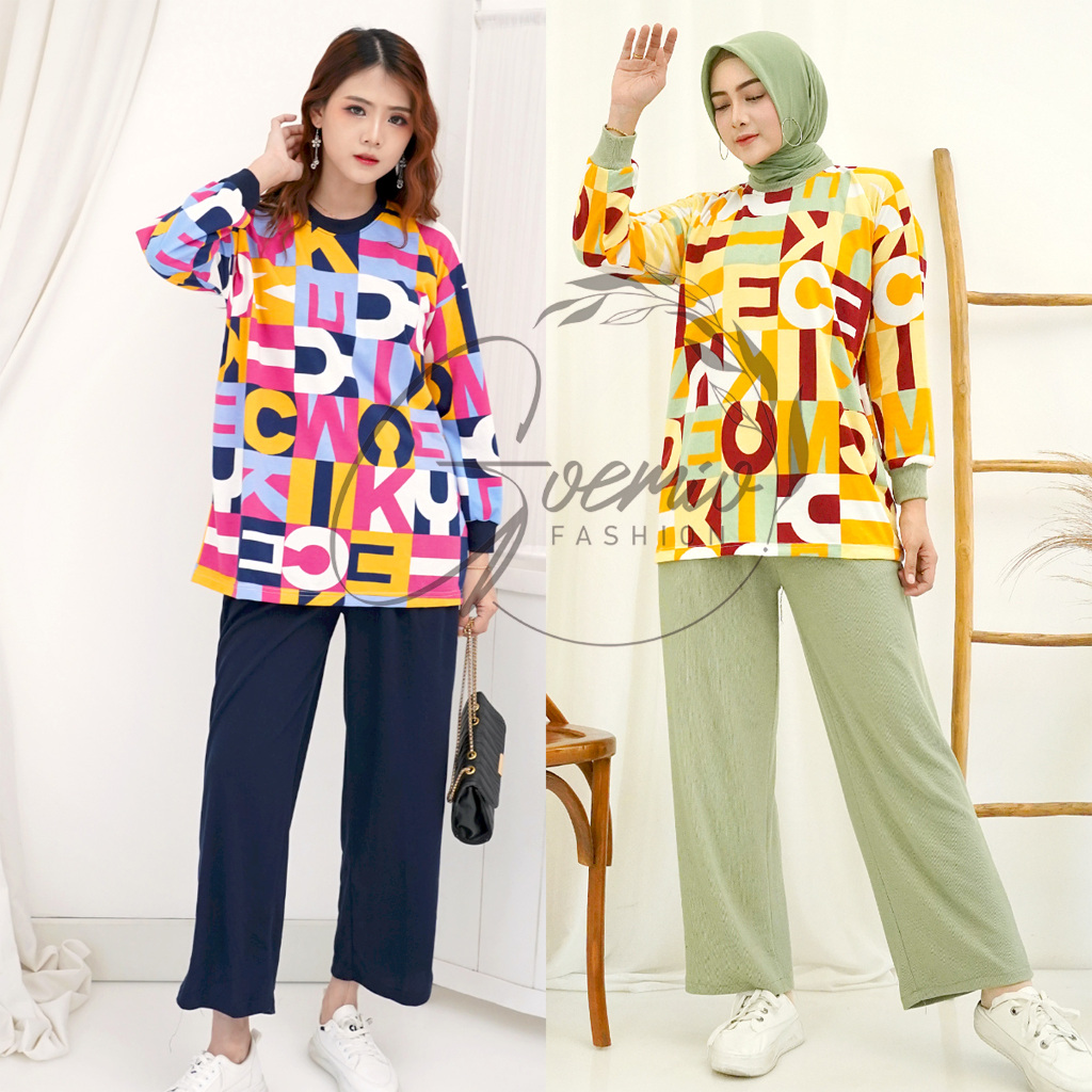 Jual ilook | LD 120 One Set Leaf Setelan Katun Knit Combi Atasan Motif Dan Celana Panjang Wanita ...