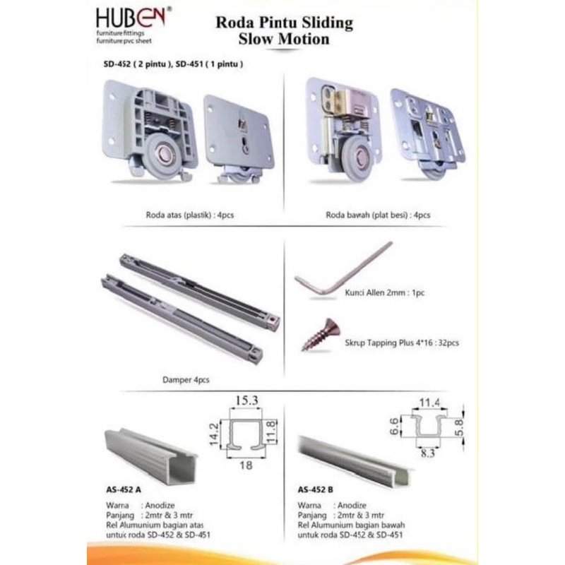 Jual HUBEN Roda Pintu Lemari Sliding Geser SLOW MOTION 452 (2 PINTU / 3 METER) | Shopee Indonesia