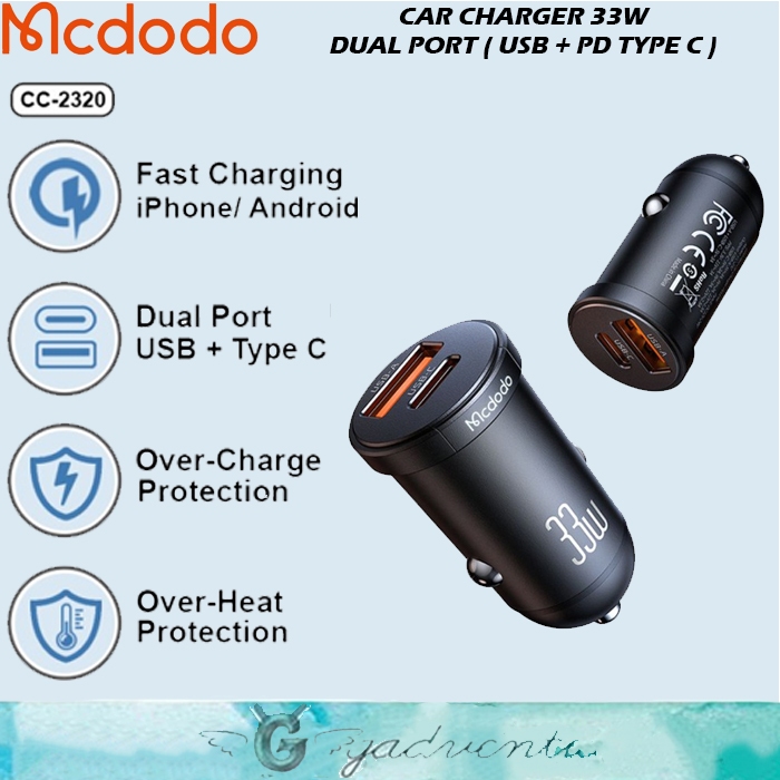Jual MCDODO CC-2320 Kepala Car Charger Mobil Dual Port USB A + Type C PD Fast Charging 33W untuk ...