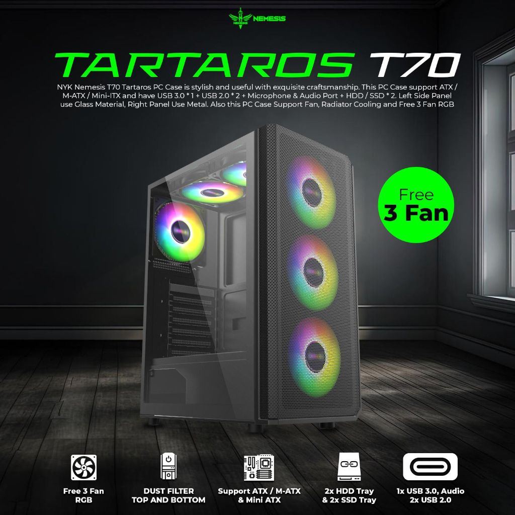 Jual NYK Casing PC Gaming Tartaros T70 ATX Free 3Fan RGB | Shopee Indonesia