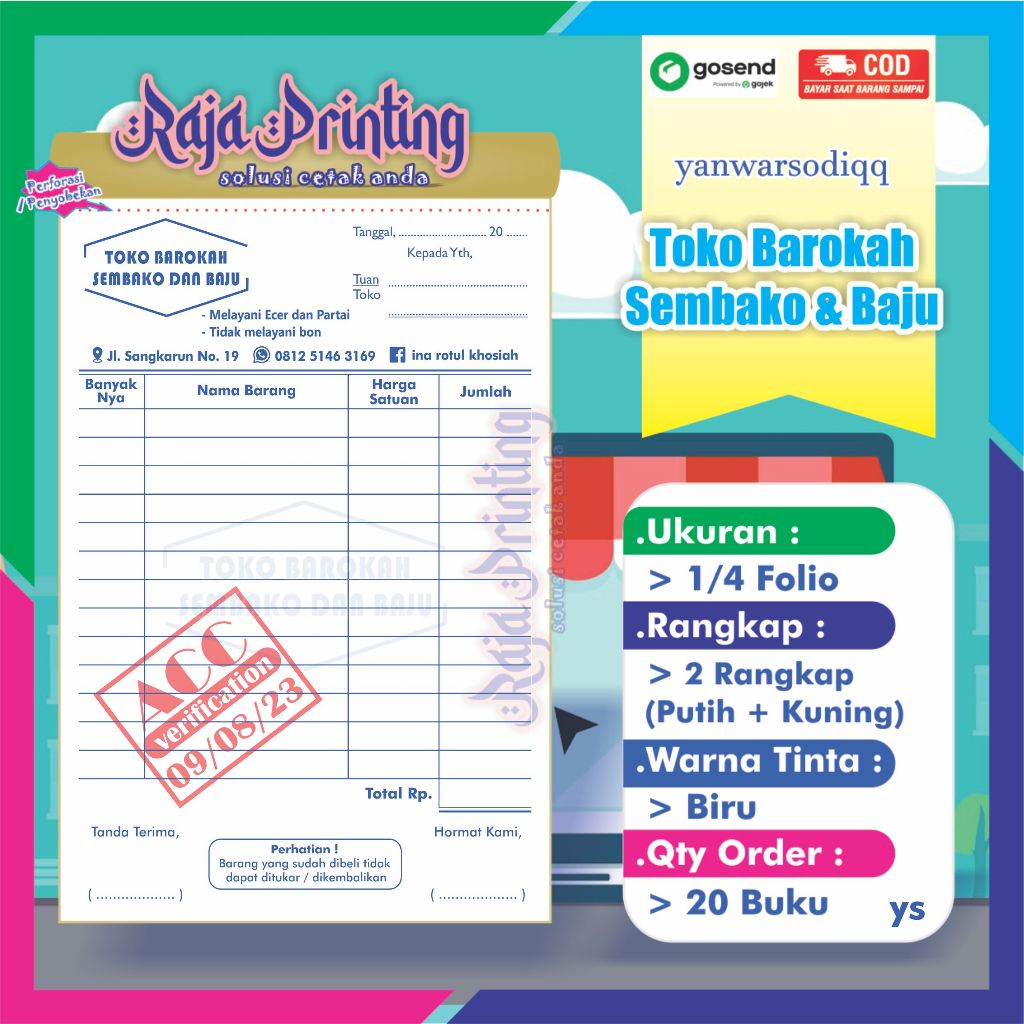 Jual Nota Sembako Custom Request Nama Toko 1/4 Folio 2 Rangkap Gratis Desain Isi 100 lbr ...