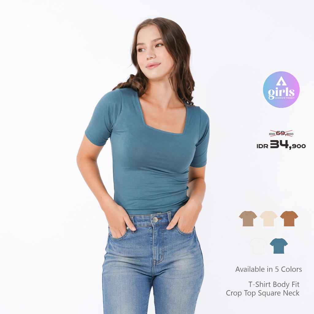 Jual Aerostreet T Shirt Body Fit Crop Top Square Neck Cerah Kaos T ...