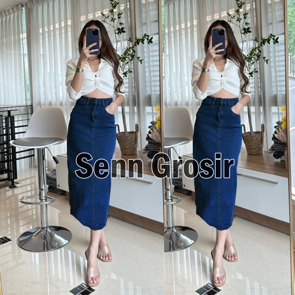 Jual Rok Span Jeans Kancing 2 High Waist Panjang | Rok Jeans Span ...