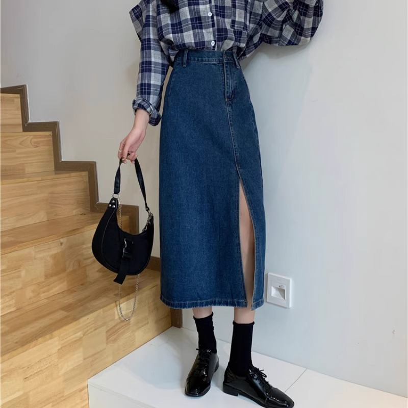 Jual Rok Jeans Midi Highwaist Rok A-Line Biru tua Import 5002 | Shopee ...