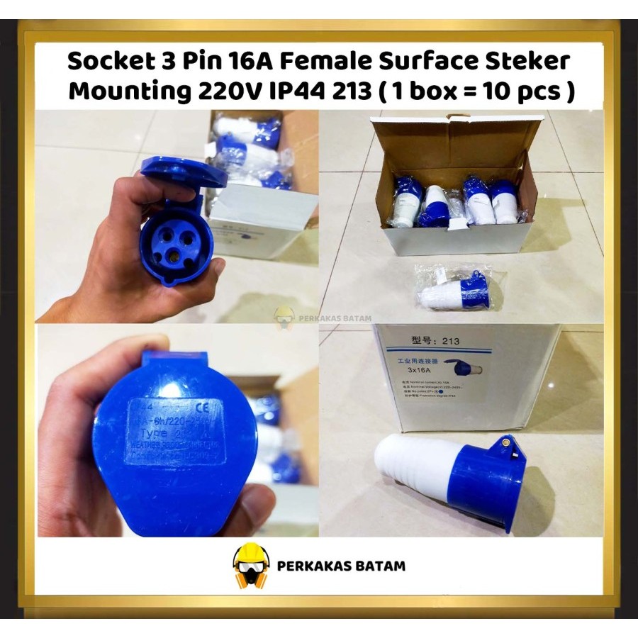 Jual Socket 3 Pin 16A Female Surface Mounting 220V IP44 213 Steker ...