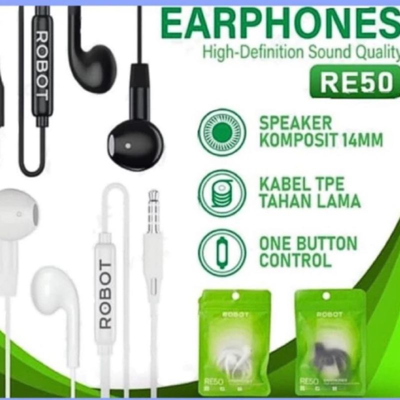 Jual Headset Robot Re50/Re10 Headset Wired Earphone Bass Android Iphone ...