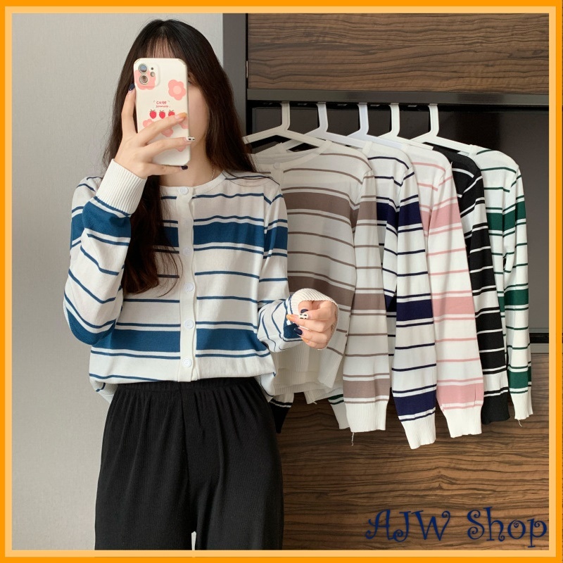 Jual AJW Cardigan Korean Style Rajut Salur Import Premium XAF | Atasan Wanita Korean Style ...