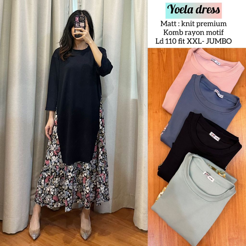 Jual YOELA MIDI DRESS KNIT kombinasi RAYON BUNGA / MIDI DRESS LENGAN ...