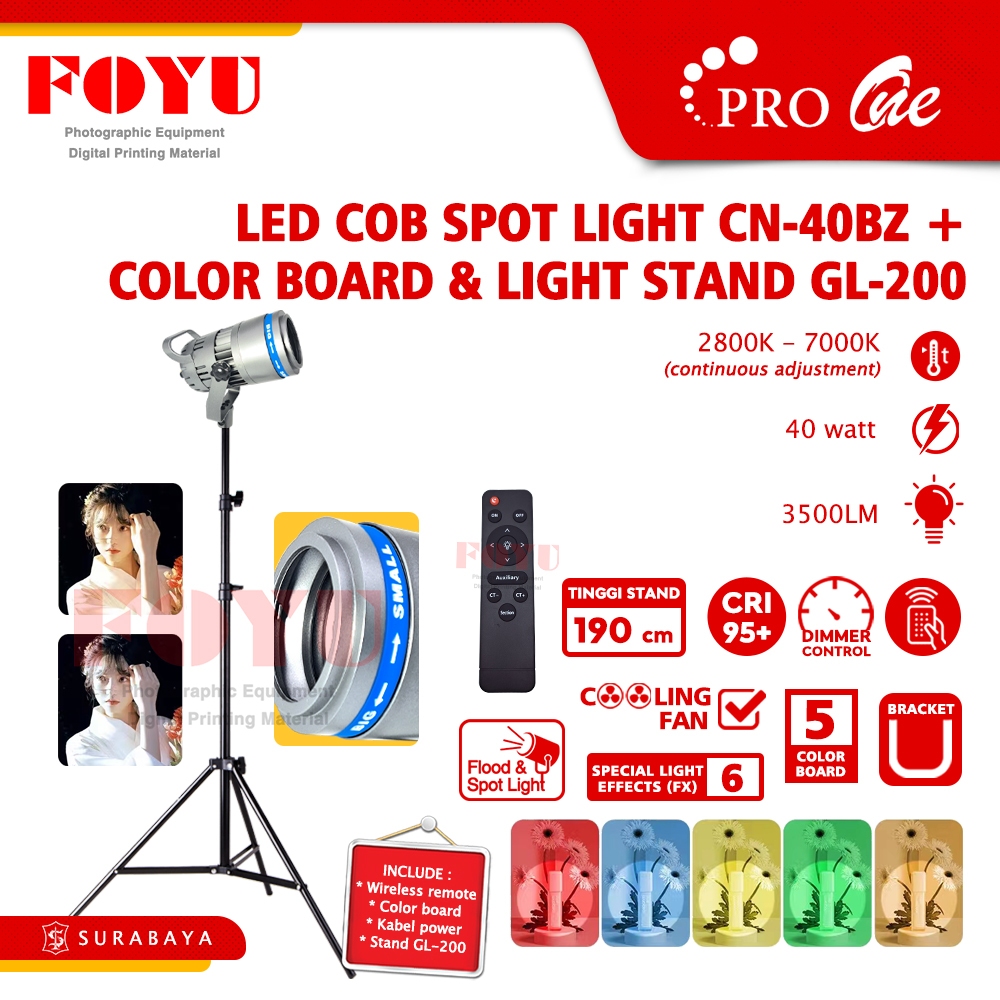 Jual LED COB Lampu Fokus Sorot Foto Video Spot Light 40W Kelvin Color Board Continuous Pro One ...