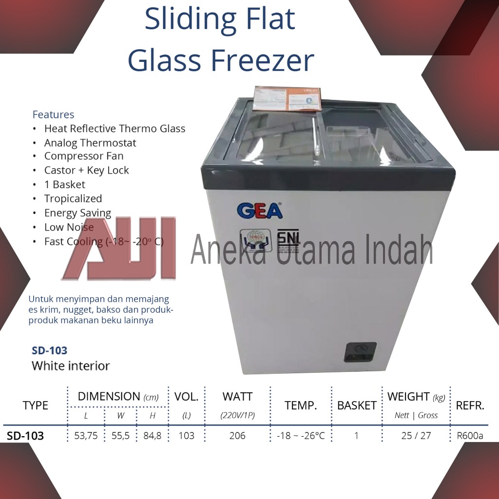 Jual KHUSUS LUAR KOTA - Gea SD-103 Sliding Flat Glass Freezer - Kulkas ...