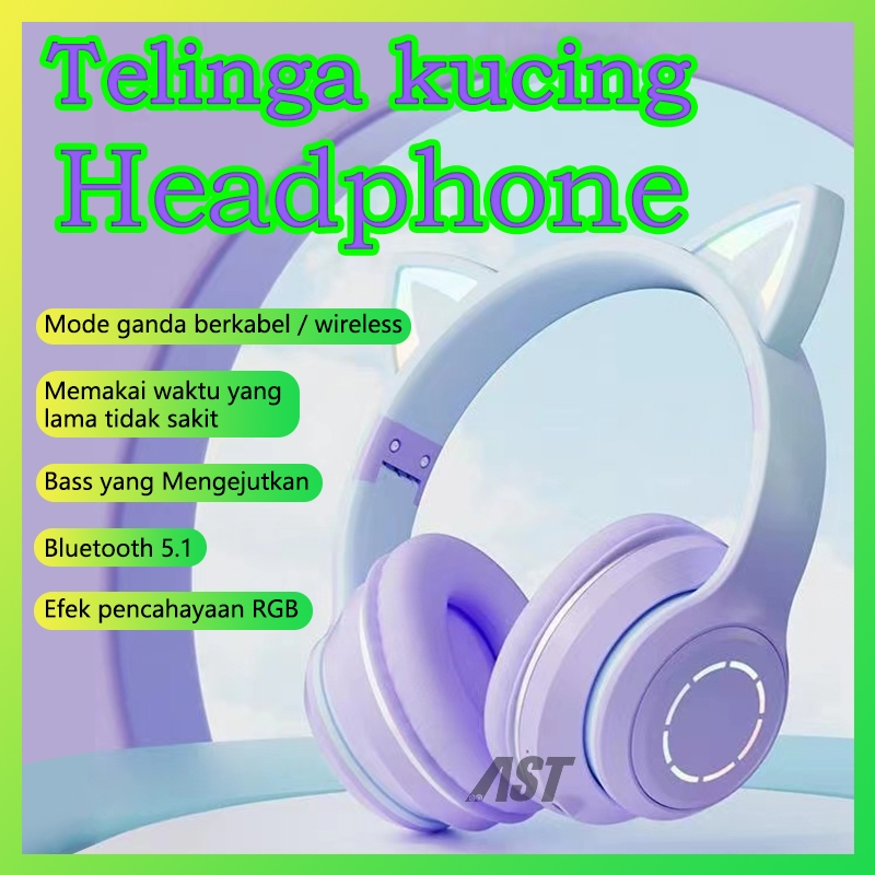 Jual Headset Gaming Bluetooth Headphone cat ear bass Wireless RGB HiFi ...