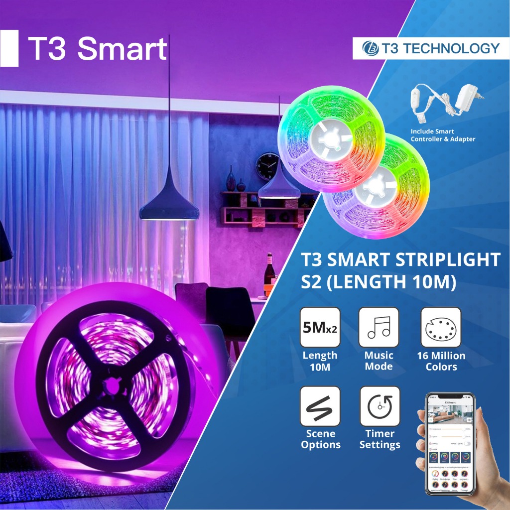 Jual T3 Smart 10 Meter LED Flowing Strip Light S2 Lampu LED Pintar Tuya ...