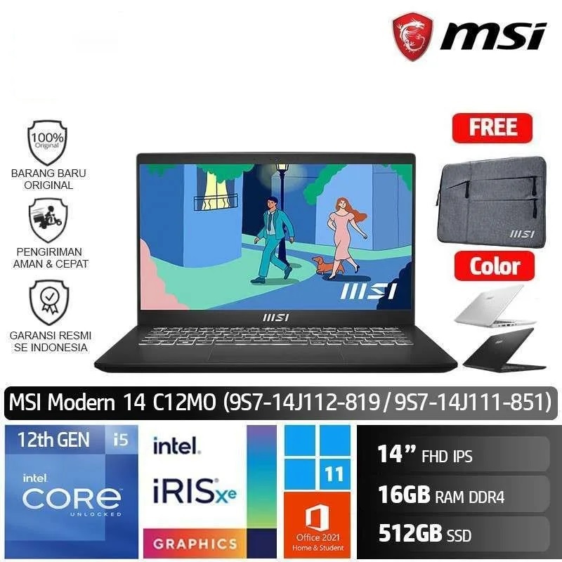 Jual MSI Modern 14 C12MO 819 Core i5-1235U 16GB SSD 512GB Win11 OHS FHD IPS | Shopee Indonesia
