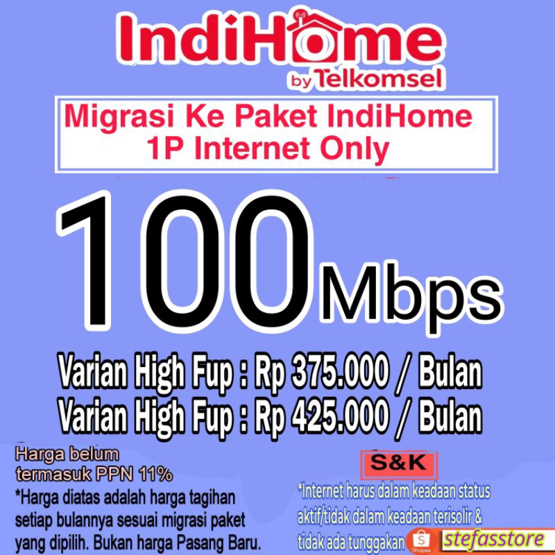 Jual MIGRASI INDIHOME PAKET 1P INTERNET ONLY 100 MBPS UPGRADE/DOWNGRADE | Shopee Indonesia